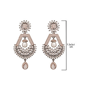 Priyaasi Dual-Toned Pearl American Diamond Earrings for Women | Fashionable Floral Drop Design | Brass Metal | Pushback Closure | Silver Prom Earrings for Women - Party & Wedding