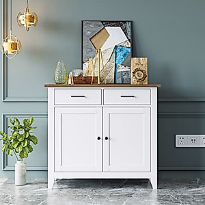 HORSTORS Kitchen Storage Cabinet with Drawers and Doors, Floor Sideboard and Buffet Server Cabinet, Entryway Console Cabinet for Living Room, Dining Room, Bathroom, Ivory White