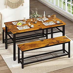 AWQM 43.3" Dining Table Set for 4, Kitchen Dining Table with 2 Benches, Dining Room Table Set with Metal Frame & Storage Rack for Kitchen, Restaurant, Rustic Brown