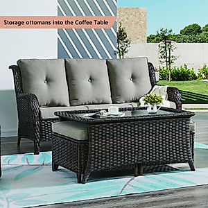 Pugire Patio Table Outdoor Coffee Tables - Rattan Wicker Coffee Table with Glass Top and 2-Tier Storage Shelf Rectangle for Outdoor Patio Porch Deck Balcony Garden(Brown/Glass Top)