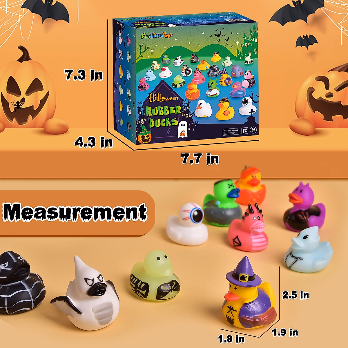 FUN LITTLE TOYS 24 PCS Halloween Rubber Ducks in Bulk for Kids, Assorted Rubber Duck Toy Duckies for Fun Bath Toys, Trick or Treat Fillers, Halloween Party Favors, Halloween Themed Bathtub Toys