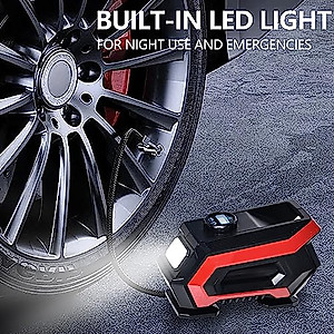 CarCome Portable Tire Inflator, Powerful 150 PSI Air Compressor with Digital Pressure Gauge and Emergency LED Light, Ideal for Cars, Bikes, Balloons (Red)