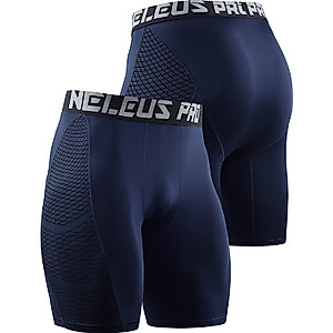 NELEUS Men's Compression Shorts 3 Pack Quick Dry Athletic Running Shorts,6086,Red/Navy/Blue,L