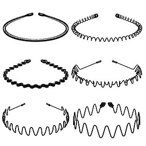 Lurrose 6Pcs Unisex Wavy Headband Metal Men Hair Band Elastic Non Slip Hair Hoop Sports Fashion Headwear for Women Menf