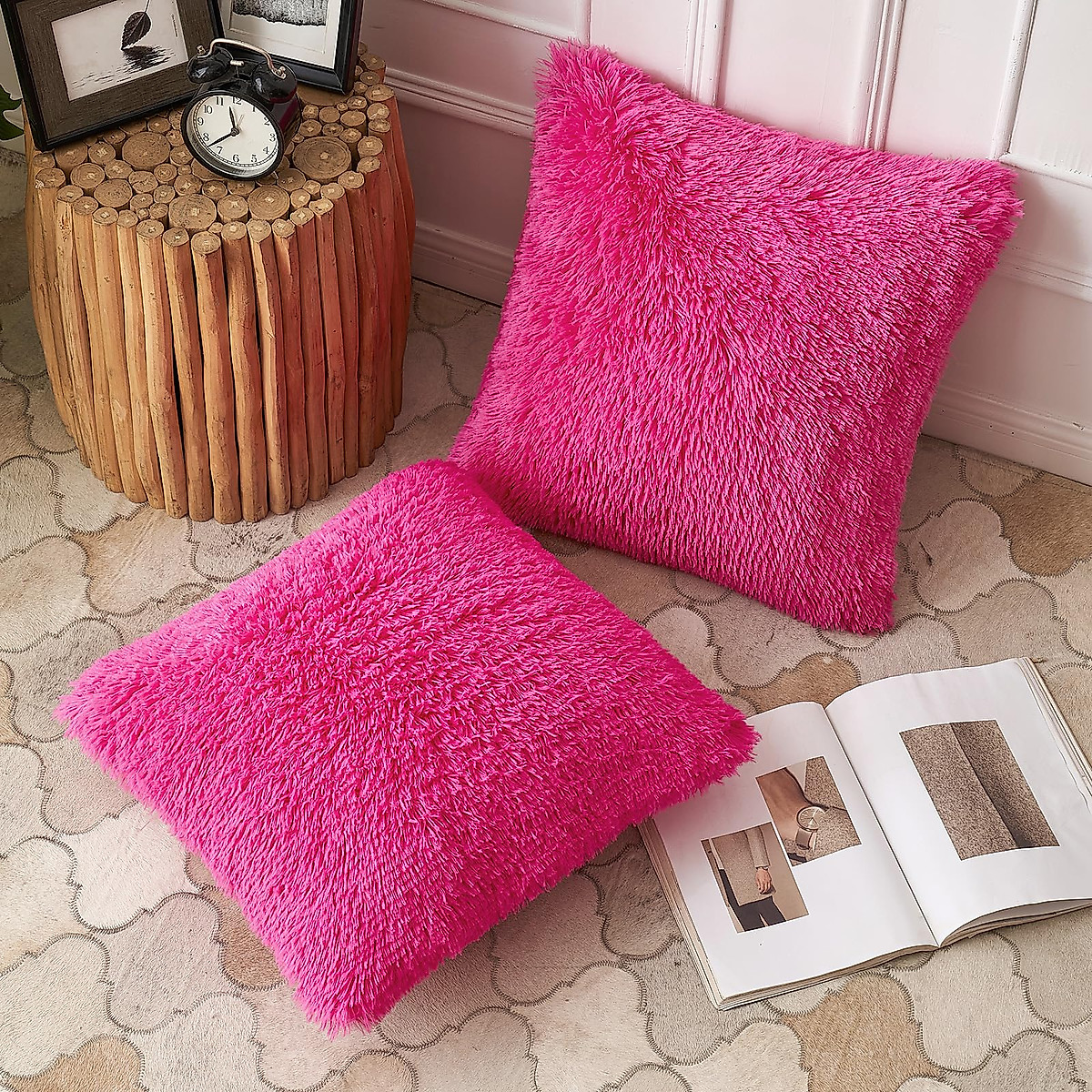 ANRODUO Pack of 2 Hot Pink Throw Pillow Covers Luxury Fluffy Pillows Faux Fur Decorative Pillows Plush Cushion Case Fuzzy Mongolian Merin Style for Bed Couch Sofa Living Room Spring Decor 18x18 Inch