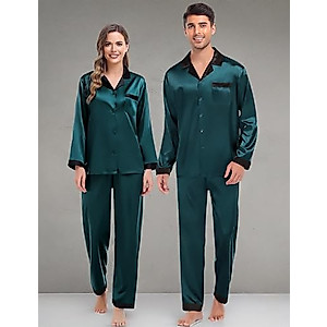 SWOMOG Couples Pajama Sets Women & Men Silky Satin Long Sleeve Sleepwear Classic Button Down Soft Loungewear Pjs Set Women Deep Green Large