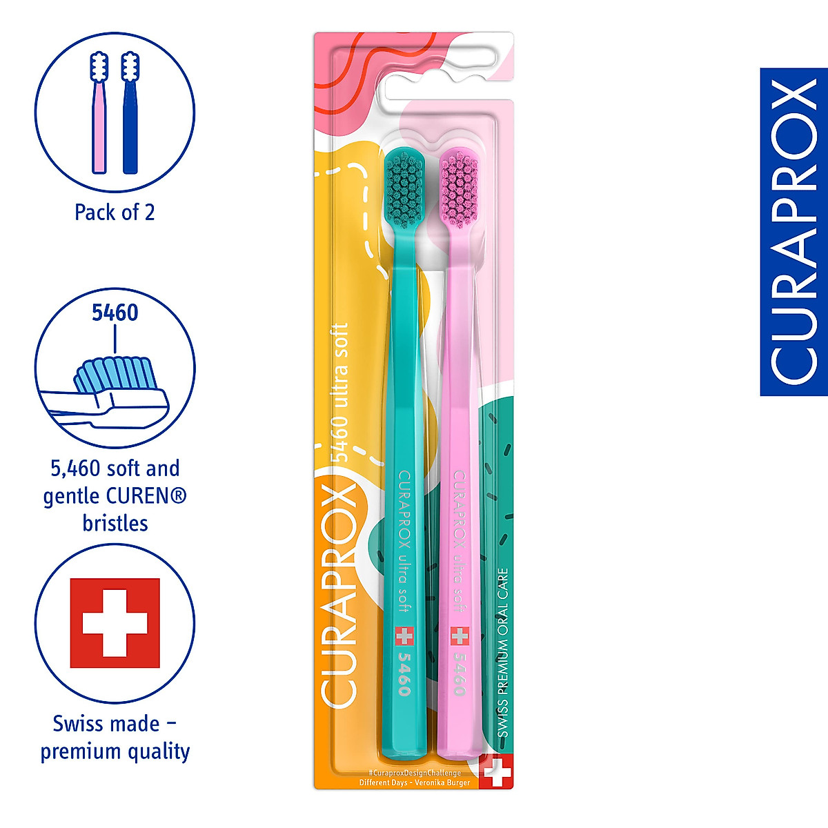 Curaprox CS 5460 Ultra-Soft Blue and Pink Battery Powered Toothbrush for Adults, Different Days Special Edition, Pack of 2