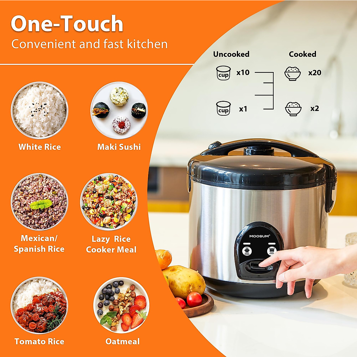 MOOSUM Electric Rice Cooker with One Touch for Asian Japanese Sushi Rice, 10-cup Uncooked, Fast&Convenient Cooker with Steamer, Removable Inner Cover and Auto Warmer, Silver