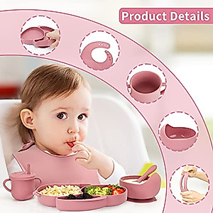 Puxdiauk Silicone Baby Feeding Set, 6 Pcs Baby Led Weaning Supplies with Rabbit Suction Plates, Toddler Bowls Forks and Spoons Bib Cup, Sturdy and NO-BPA for Kid, Dark Pink