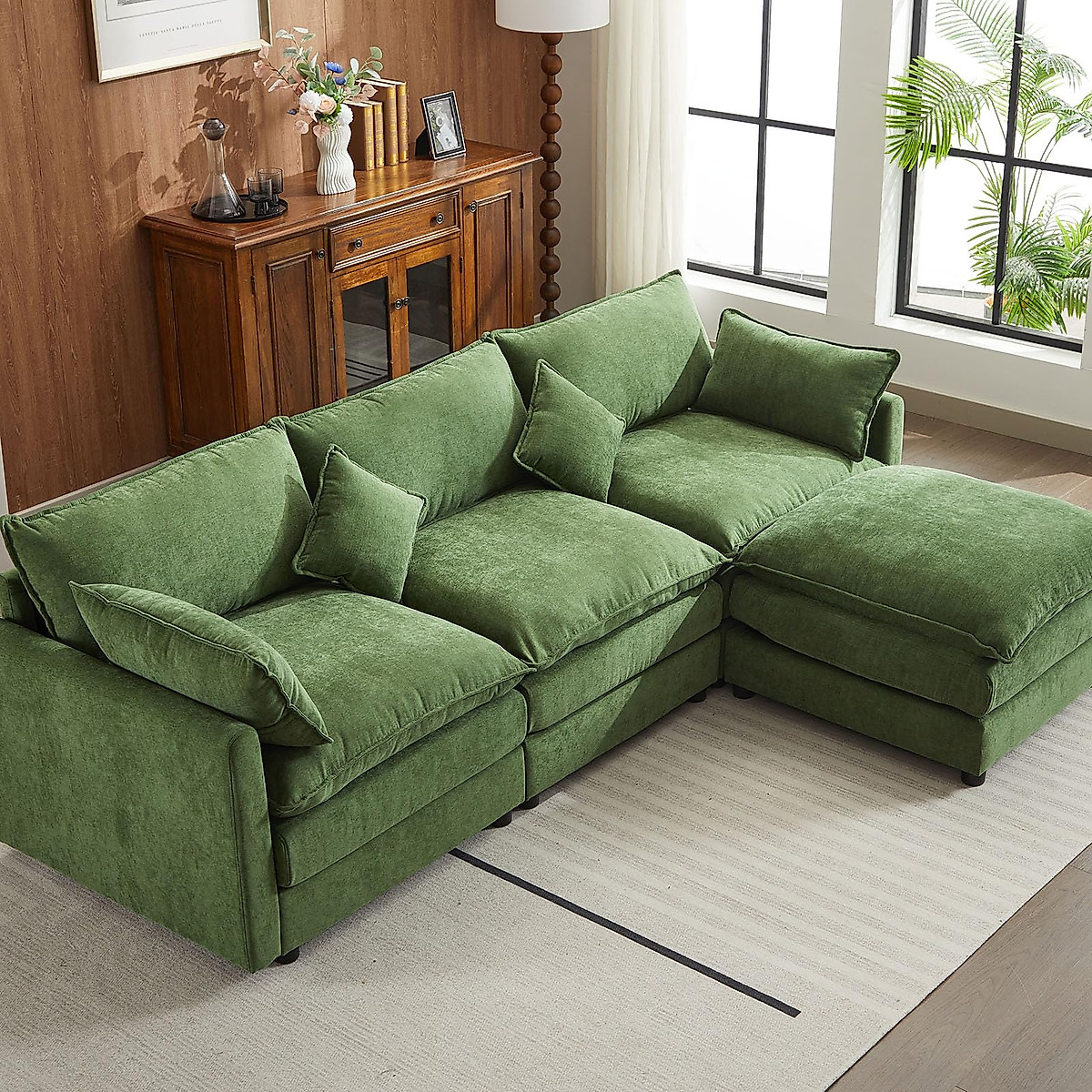 SofLuxe Modern Modular Sectional Couches,3 Seat L-Shaped Chenille Fabric Sofa Set with Movable Ottomans Sleeper Sofa for Living Room Bedroom Apartment,Green