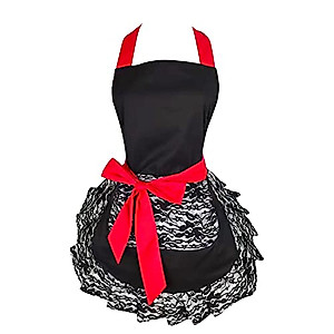 Floosum Black Lace Flirty Apron with Pocket, Fun Retro Sexy Cooking Pinup Aprons for Women Girls