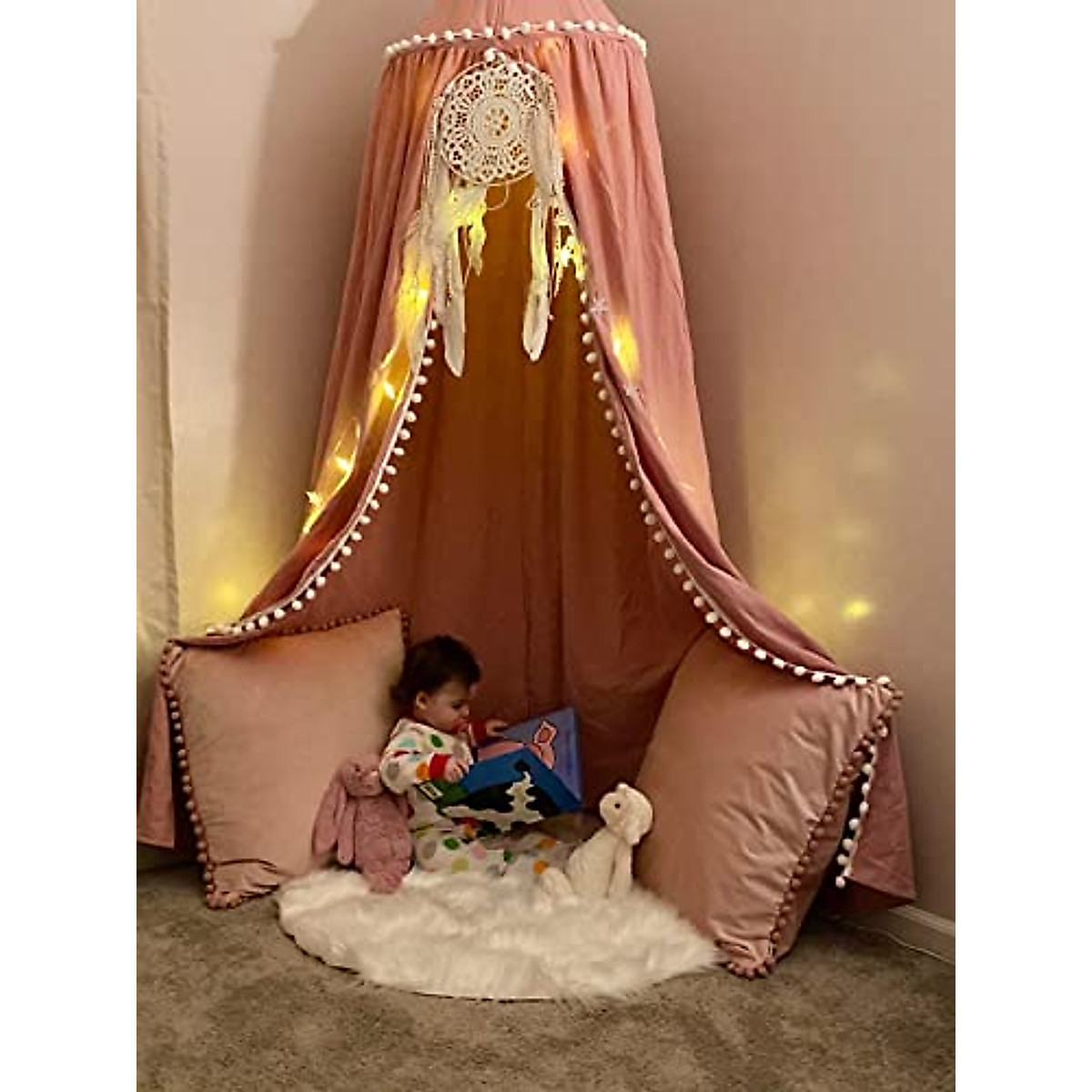 LOAOL Kids Bed Canopy with Pom Pom Cotton Canopy for Crib Baby Girl Netting Cover Canopy Crib Curtain Reading Nook Hanging Tent Nursery Play Game Castle House Decoration (Pink Pompom)