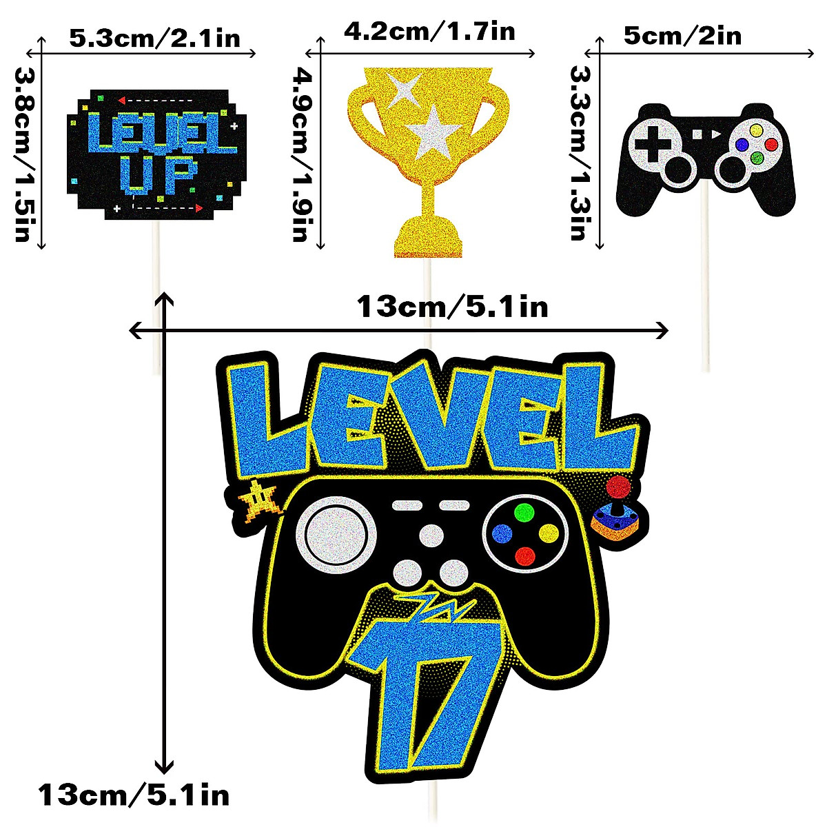 4PCS Level 17 Birthday Cake Toppers - Blue Glitter Video Game 17th Birthday Cake Picks - Boy's Birthday Gaming Theme Cupcake Toppers set - Level Up Winner Party Decoration Supplies