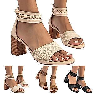 Arch Fit Sandals for Women Summer Sandals Pattern Solid Versatile Casual Thick Heel Square Heel Comfortable Shoes (White, 8)