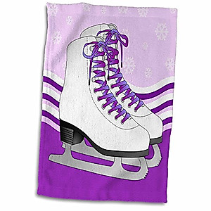 3D Rose Pair of Purple Ice Skates On Snowflake Background Hand/Sports Towel, 15 x 22