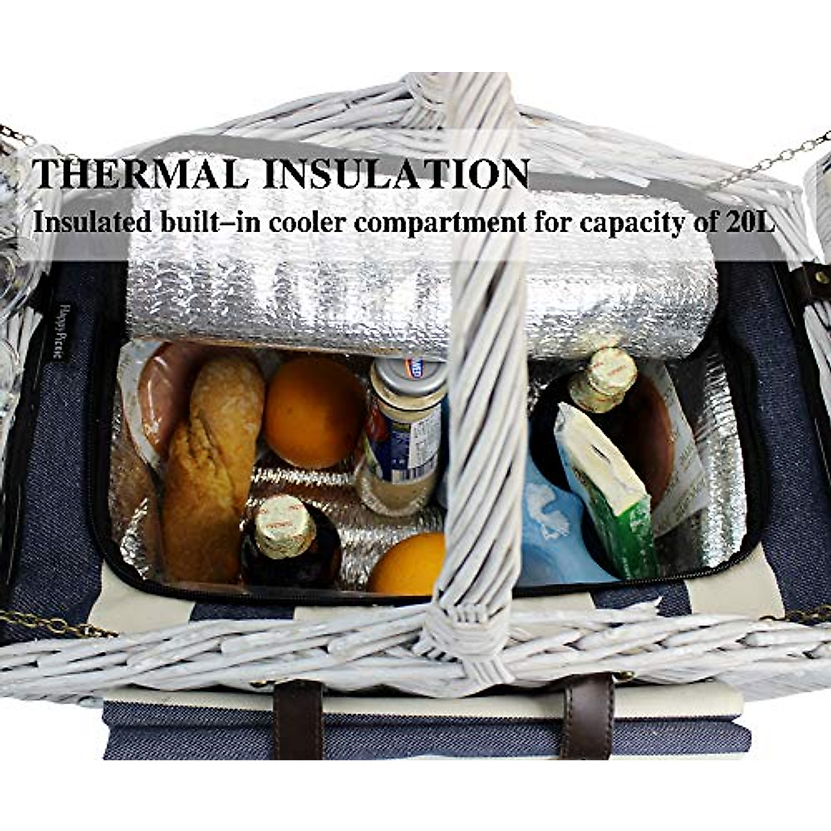 HappyPicnic 'Huntsman' Willow Picnic Hamper for 4 Persons with 'Built-in' Insulated Cooler, Wicker Picnic Basket with Canvas Stripe Lining, Willow Picnic Set, Picnic Gift Basket (Navy Stripe)