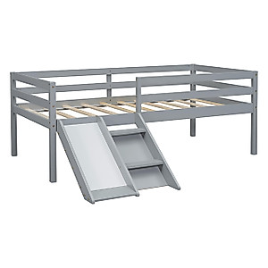 Twin Low Loft Bed with Slide, Ladder & Safety Guardrails, Wood Loft Bed Frame for Kids Teens Boys & Girls, No Box Spring Needed,Grey