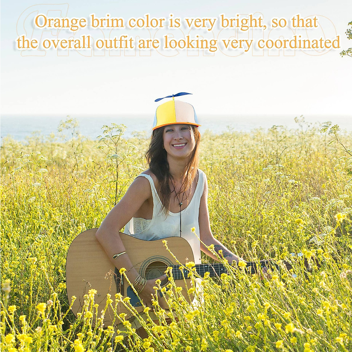 Framendino, Orange Flat Brim Adult Rainbow Propeller Hat Helicopter Top Hats Detachable Baseball Cap