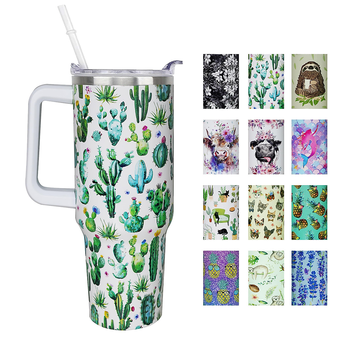 sgqjdpmc 40 oz Cactus Tumbler with Handle and Straw Lid 40oz Cactus Lover Gift Double Stainless Steel Insulated Cup Cactus Travel Coffee Mug, 40 Ounce6