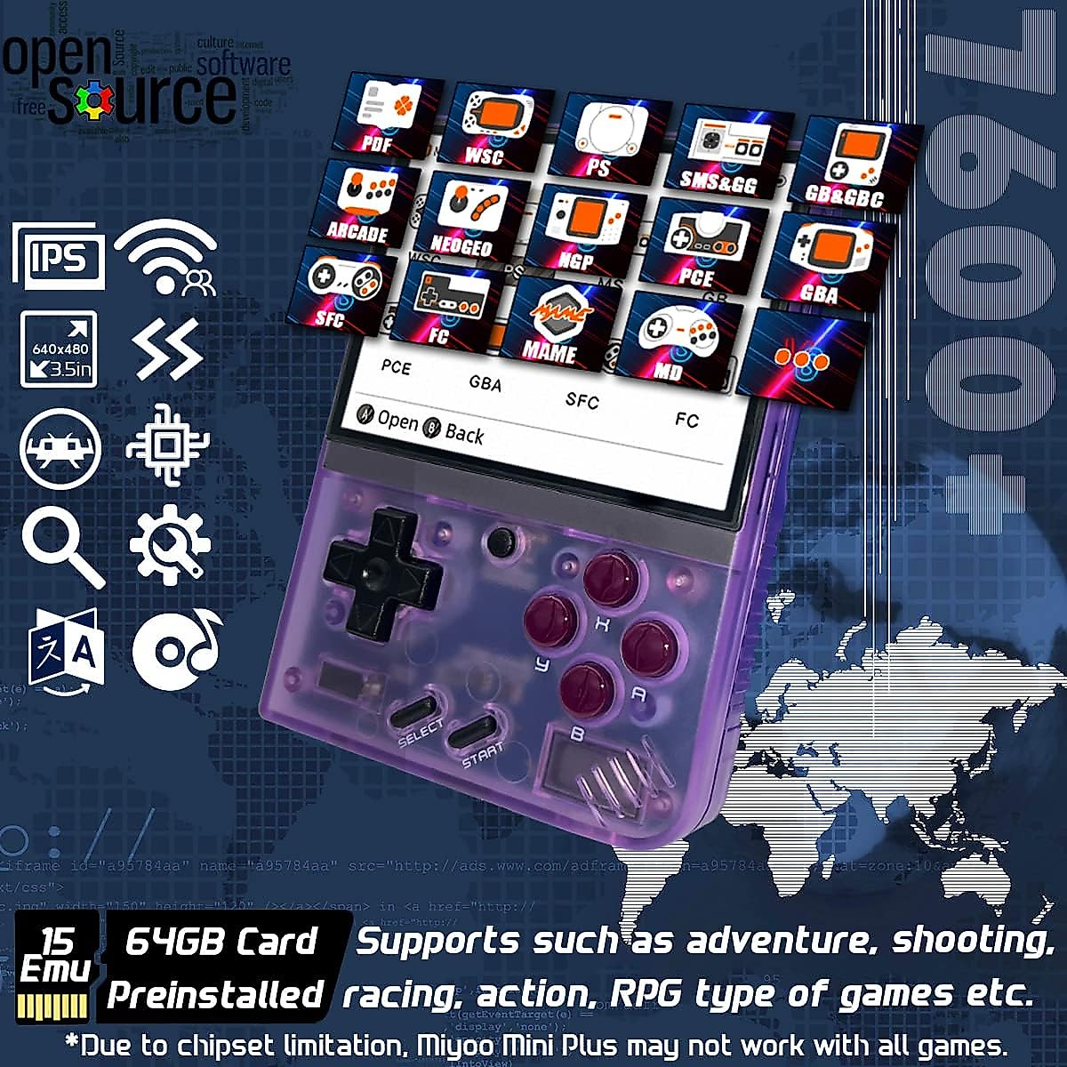 Miyoo Mini Plus+ Handheld Gaming Console 3.5" IPS Screen for The Best Classic Console with 5000+ Games Included, Storage Case, 64G TF Card and WiFi Support [Purple]