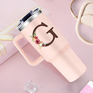 Monogrammed 40oz Tumbler with Handle for Women, Personalized Birthday Gifts for Women,Initial Cups for Woman Floral Letter G,Customized Gifts for Female Lady Gift for Mothers Day Christmas