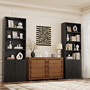 JAMFLY Open Bookshelf and Bookcase with Doors, 6 Shelf Storage Shelves Tall Bookcase for Bedroom, Living Room and Office, Black