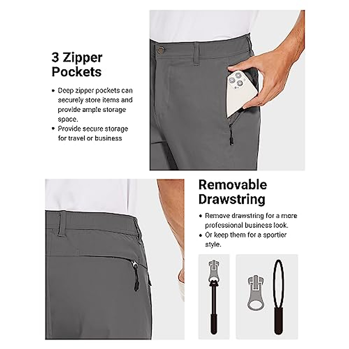 SPECIALMAGIC Golf Pants Men Stretch Slim fit Hiking Pants Lightweight Dress Casual Tapered Zipper Pockets 34 Grey