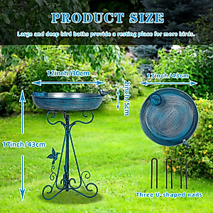 DREAMSOUL 12 inch Bird Bath with Stand, Blue Bird Baths for Outdoors, Metal Birdbath with Folding Bracket for Patio Lawn Garden Decor