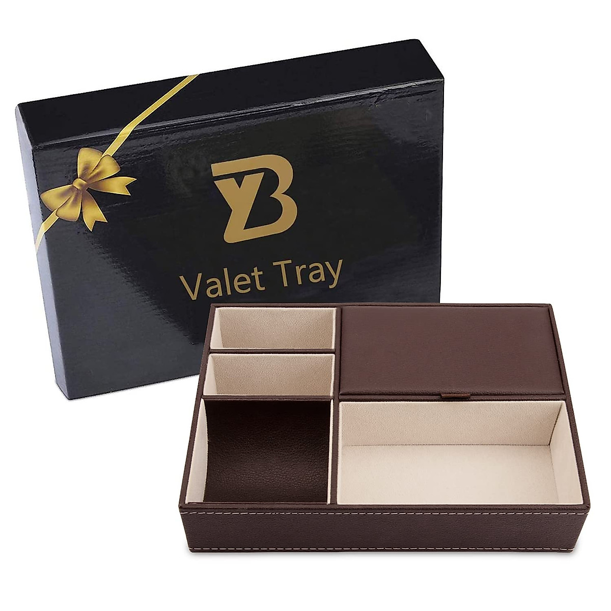 Baoyun Mens Valet Tray Organizer - Leather Nightstand Dresser Top Box with 5 Compartment for Accessories, Wallet, Phone, Keys (Brown)