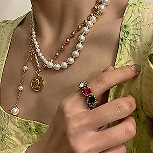 Y2K Necklace Coin Pendant Layered Necklace 18K Gold Plated Ball Splicing Chain Paper Clip Pearl Drop Fashion Y2k Choker Jewelry for Women Girl