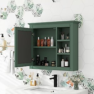 Royard Oaktree Bathroom Wall Mirror Cabinet, Modern Medicine Cabinet with Single Door and Adjustable Shelf, Over The Toilet Space Saver Storage Cabinet with 3 Open Shelves, Green