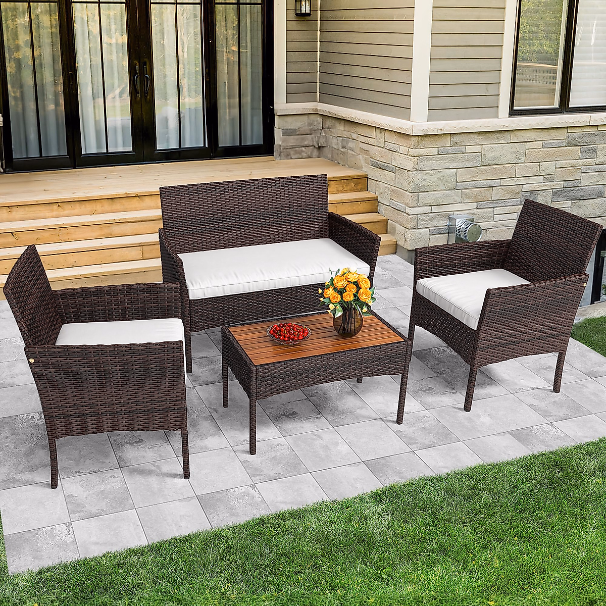 YITAHOME 4-Piece Patio Bistro Set, All-Weather Outdoor Patio Furniture Rattan Wicker Loveseat Conversation Set with Wooden Side Table and Soft Cushions, Brown+Beige