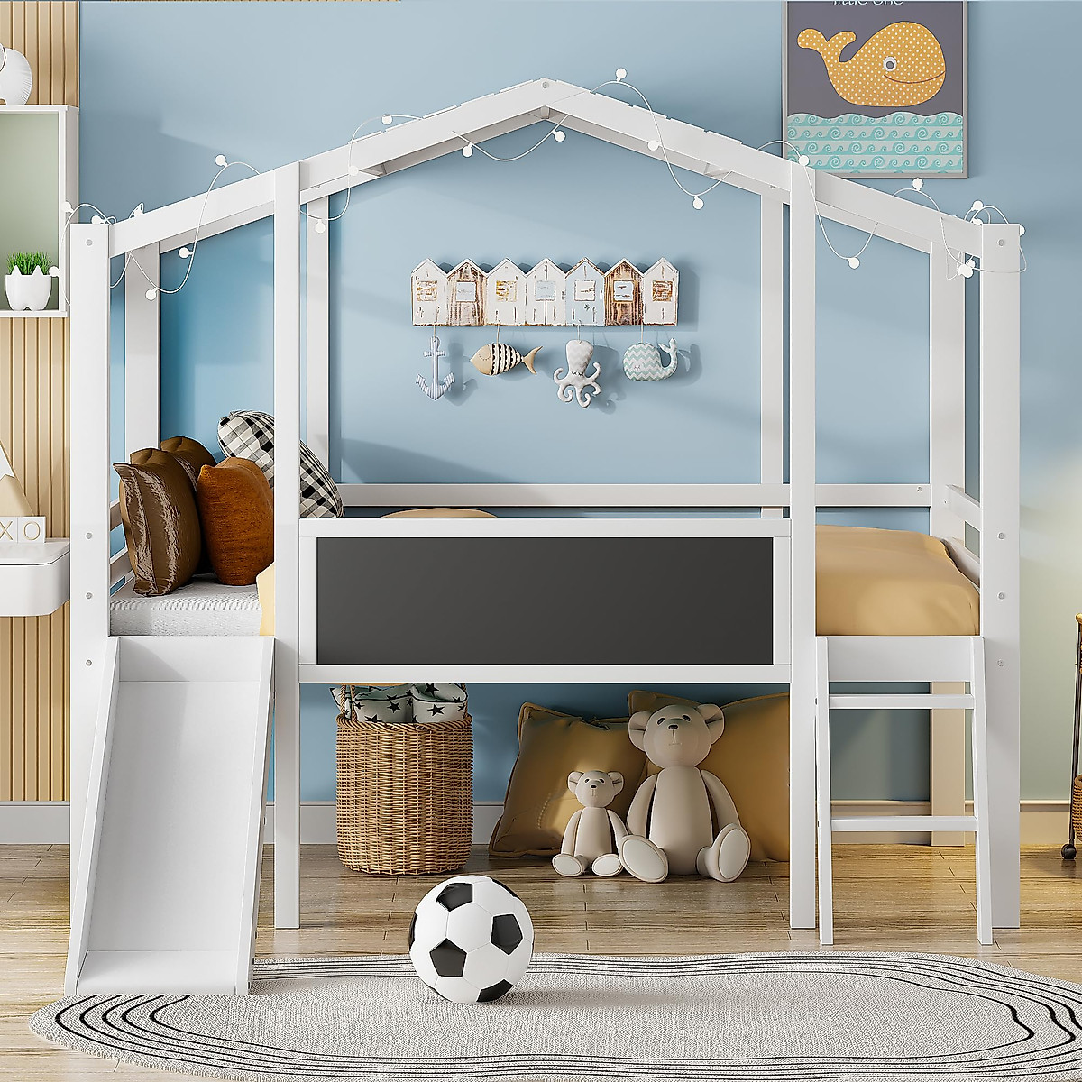 BestLM Twin Size Loft Bed with Slide and Ladder for Kids, Wood Platform Bed House Bed Frame with Blackboard and Sparkling Light Strip on The Roof for Bedroom, No Box Spring Required, White
