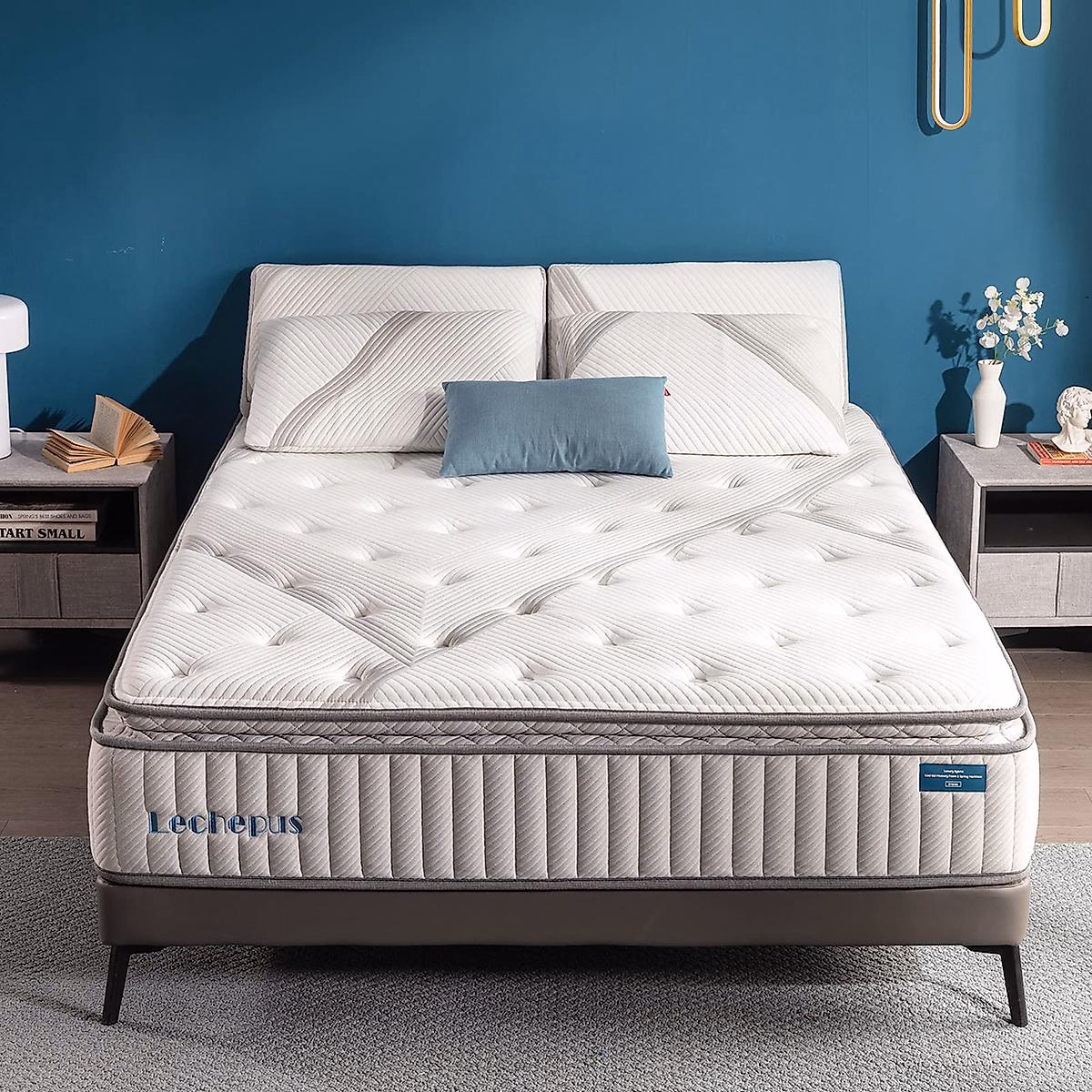 King Mattress,Lechepus 12 Inch Cooling Gel Memory Foam Hybrid Mattress with Pocket Innersprings,Medium Firm Mattresses for Supportive & Pressure Relief,CertiPUR-US Certified,Matress-in-Box