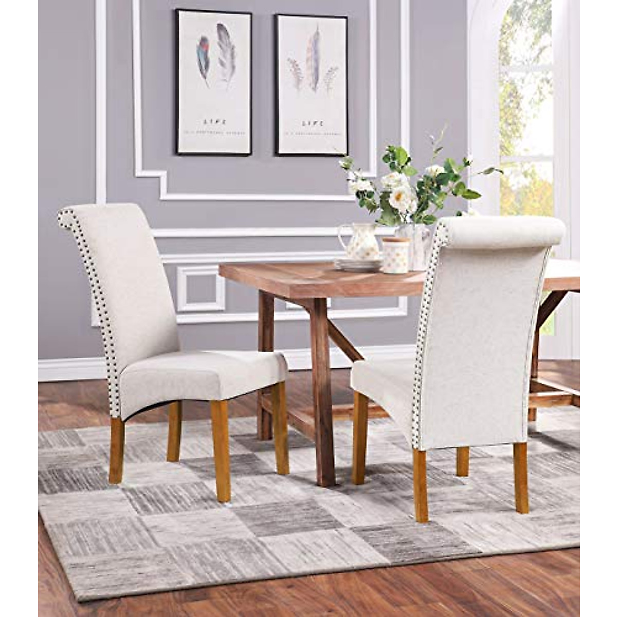Merax Dining Chair Set of 2 Fabric Padded Side Chair with Solid Wood Legs, Nailed Trim (Light Beige)