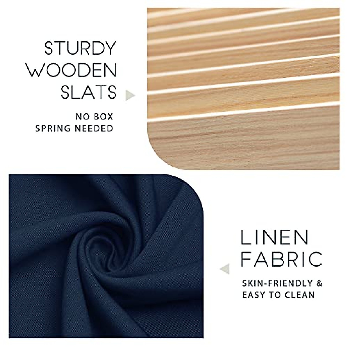 Einfach Queen Upholstered Wingback Platform Bed Frame with Headboard/Mattress Foundation with Wood Slat Support and Square Stitched Headboard/No Box Spring Needed/Easy Assembly, Dark Blue