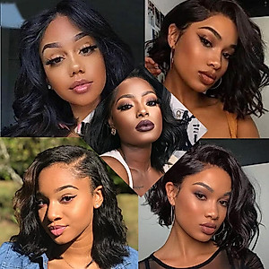 Douyin Bob Wig Human Hair 13x4 Frontal Lace Wig 14 Inch Body Wave 180% Density HD Lace Front Wigs Human Hair Pre Plucked Glueless Bob Wigs for Women Human Hair Wigs (14 inch, Natural Black)