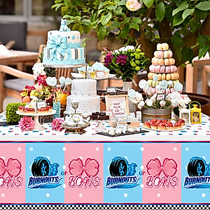 3Pcs Burnouts or Bows Gender Reveal Tablecloth Boy or Girl Plastic Table Cover He or She Party Decorations Supplies for Baby Shower Baby Gender Reveal Birthday Dessert Buffet Banquet Table Decor