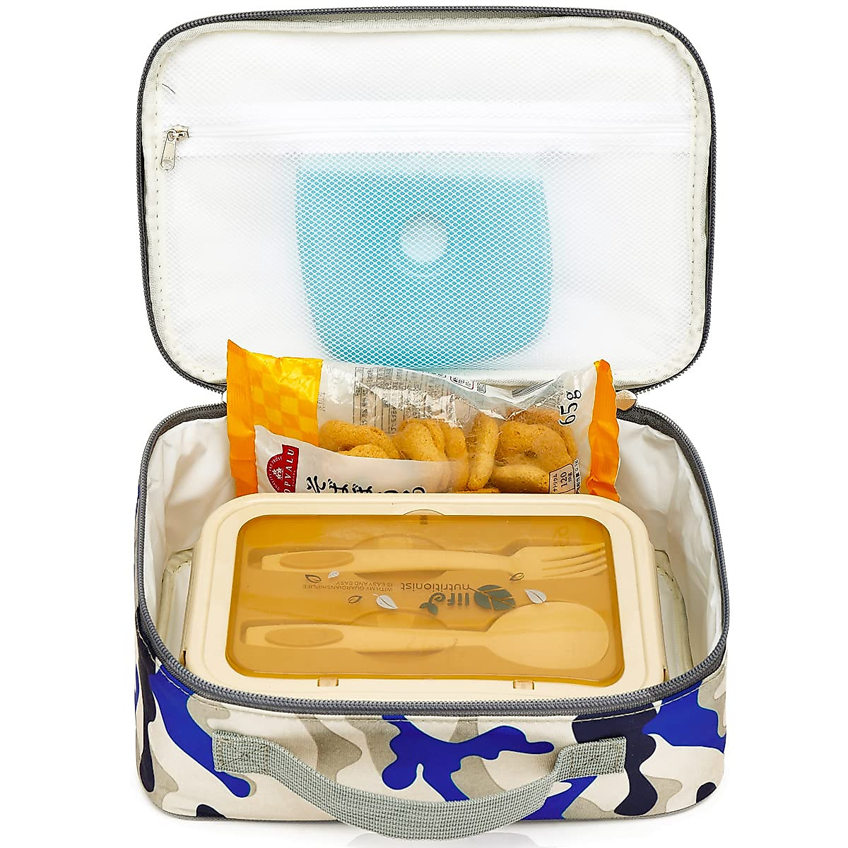 FlowFly Kids Lunch box Insulated Soft Bag Mini Cooler Back to School Thermal Meal Tote Kit for Girls, Boys,Blue Camo