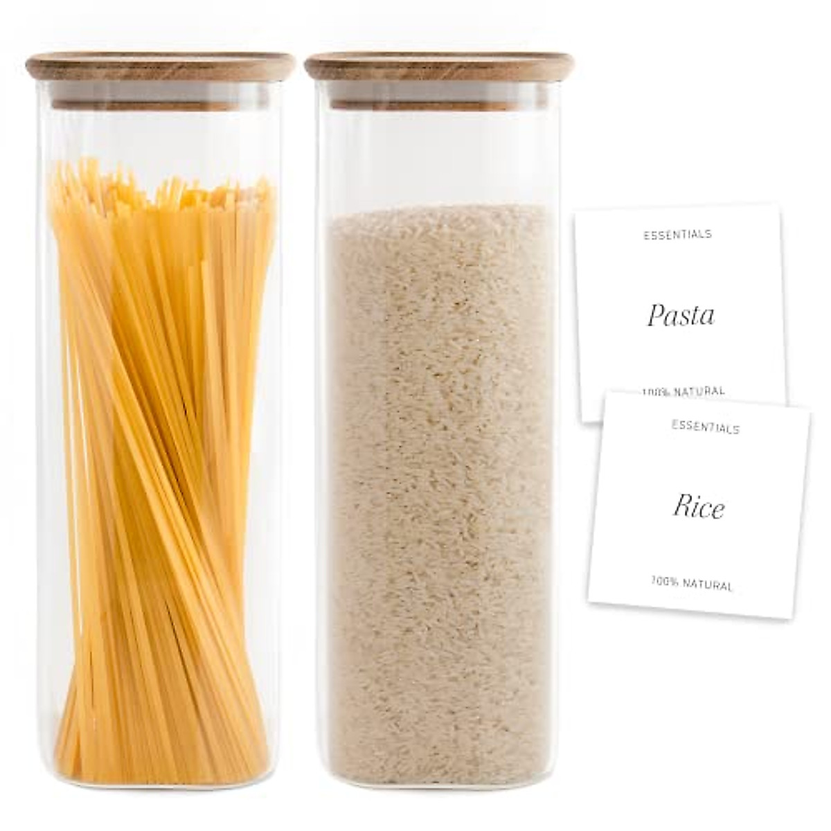 Bloom & Breeze Airtight Glass Pasta Containers for Pantry, Spaghetti Container, Glass Cereal Containers Storage, Rice Dispenser, Square Glass Storage Acacia Lids, Pack of 2, 73oz