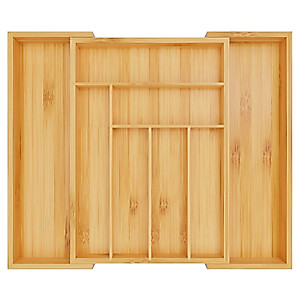 Chubangshou Utensil Organizer Silverware Drawer Organizer for Kitchen Drawer, Expandable Cutlery Tray Bamboo Flatware Organizer for Utensils, Knives, Cookware, 8-Compartment（Natural）