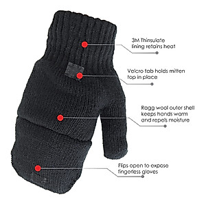 Illinois Glove Company 361L Rag Wool Glomitt Flip Mitten 3M Thinsulate Lined Soft Leather Grip Palm L Black, Soft Leather Palm for Grip, Elastic Wrist, Mitten Flips Open to Expose Fingerless Gloves