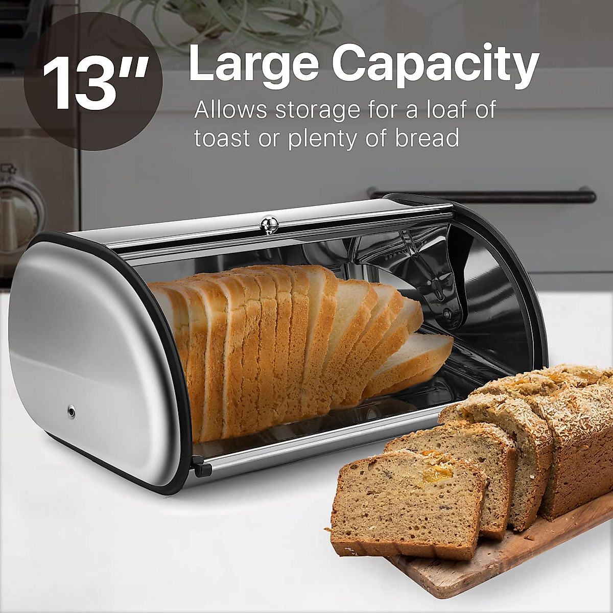 Flexzion Stainless Steel Bread Box for Kitchen Countertop (13 inch) Metal Bread Storage with Roll Up Lid & Front Window for Restaurant & Homemade Cakes, Buns, Pastries, Pancakes, Cookies