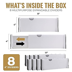 RAPTUROUS Deep Drawer Divider - 4 Inches High, Expands from 11-17 Inch, Adjustable Tall Dividers for Kitchen, Bedroom - Expandable Organizers for Clothes, Dressers etc - 8 Pack White Drawer Separators
