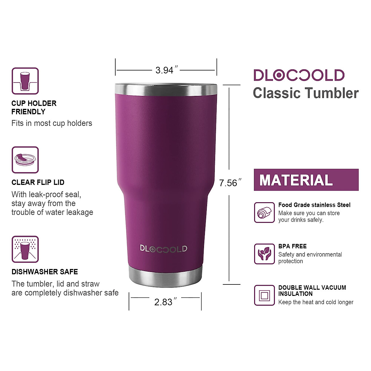 DLOCCOLD 30 oz Tumbler with Lid and Straw, 18/8 Stainless Steel Vacuum Insulated Coffee Tumbler,Insulated Travel Mug Water Cup with Leak-Proof Flip Lid,Metal Straw,Cleaning Brush & Gift Box
