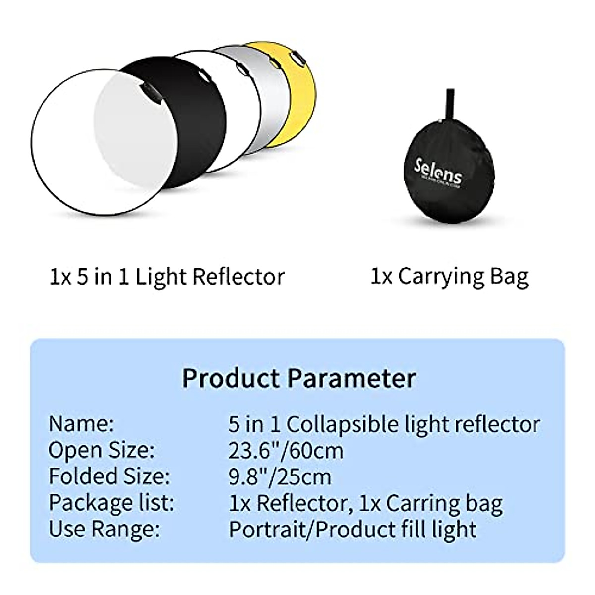 Selens Portable 5-in-1 24 Inch (60cm) Handle Round Reflector Collapsible Multi Disc with Carrying Case for Photography Photo Studio Lighting & Outdoor Lighting, Photography Multi-Disc Photo Reflector