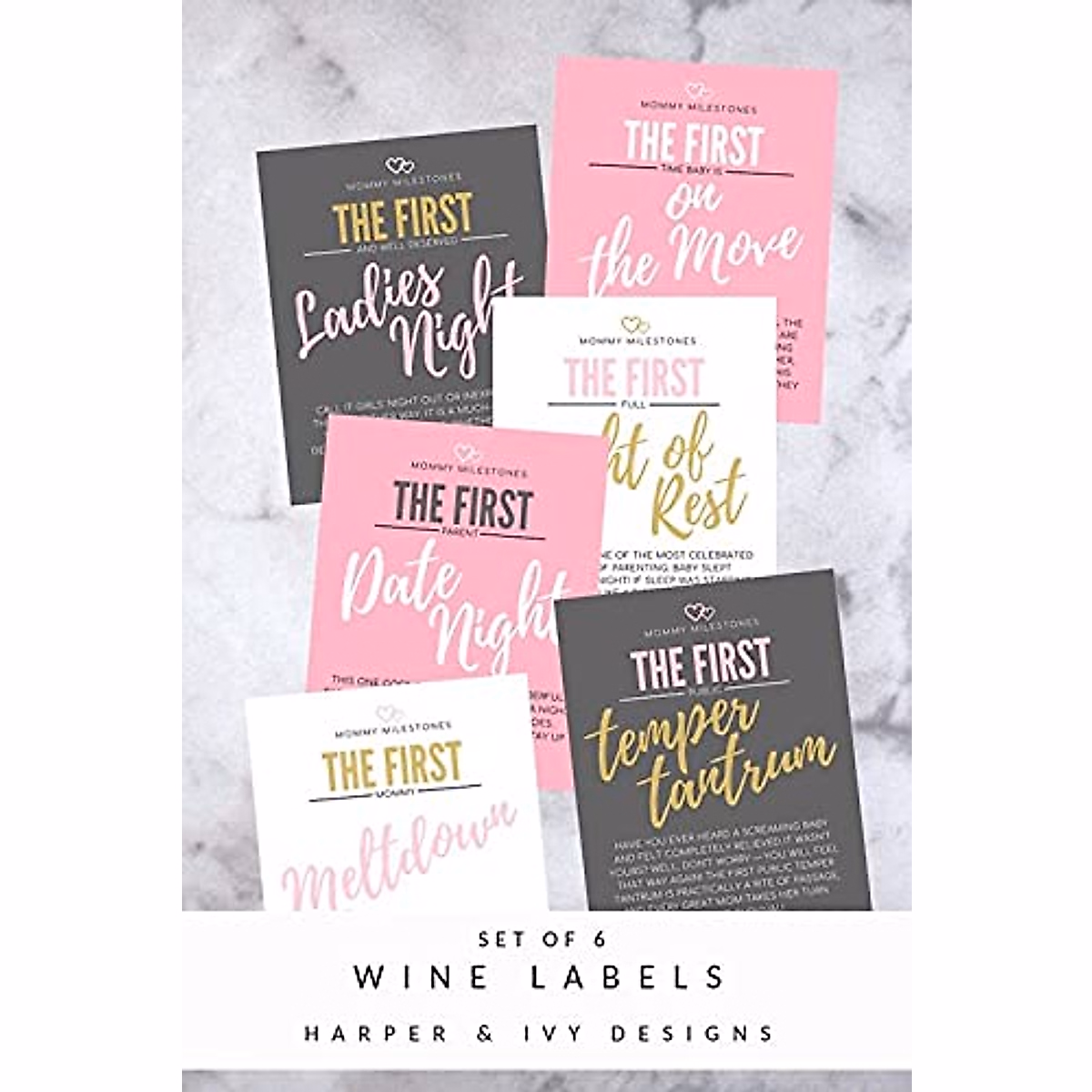 Mommy Milestone Wine Labels and Stickers, Great Baby Shower and Pregnancy Gift Ideas for Mom To Be, Funny Mom's First Moments After Having New Baby Girl or Boy – Set of 6 – By Harper & Ivy Designs