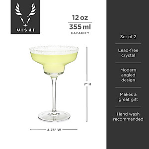Viski Raye Angled Stemmed Margarita Glasses, Premium Crystal Margarita Cocktail glasses, Cocktail Bar Accessories, Perfect Cocktail Gift, Set of 2, 12oz