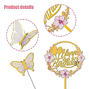 28pcs Flower Cake Topper 3D Butterfly Acrylic Happy Birthday Cake Toppers Artificial Carnation Rose Flowers Eucalyptus Leaves Cake Decorations for Birthday Party Wedding Baby Shower Supplies