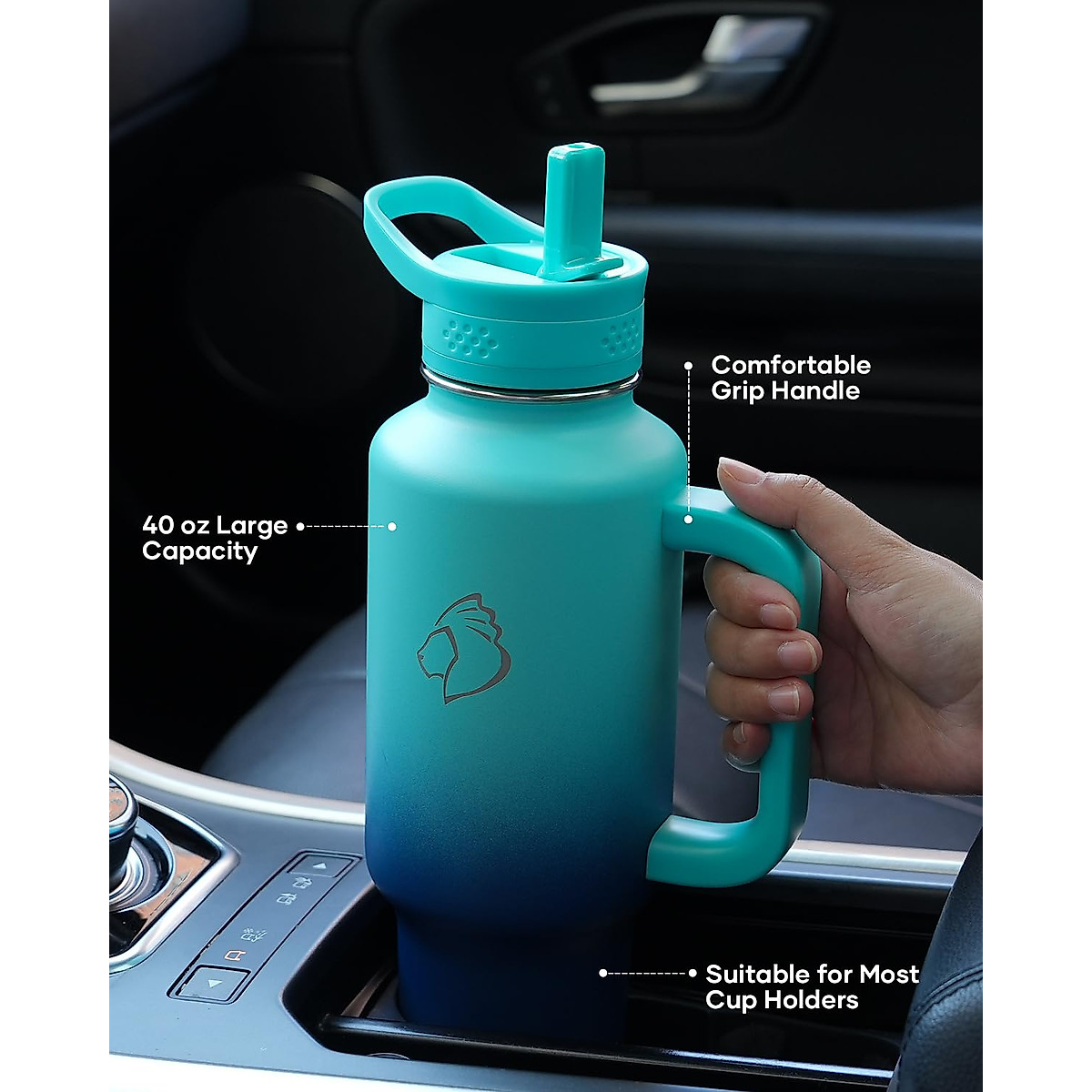 BUZIO 40 oz Tumbler with Handle and Straw, Stainless Steel Insulated Water Bottle Fits in Cup Holder with Straw & Spout Lid, Leak-Proof BPA-Free Travel Mug Keep Cold 48hrs &Hot 24hrs, Caribbean Blue